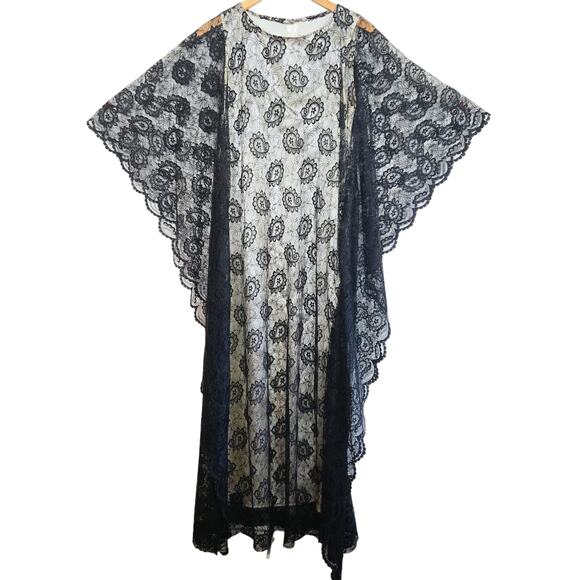 Vintage | Dresses | Vintage Cream Satin Dress With Black Lace Caftan ...
